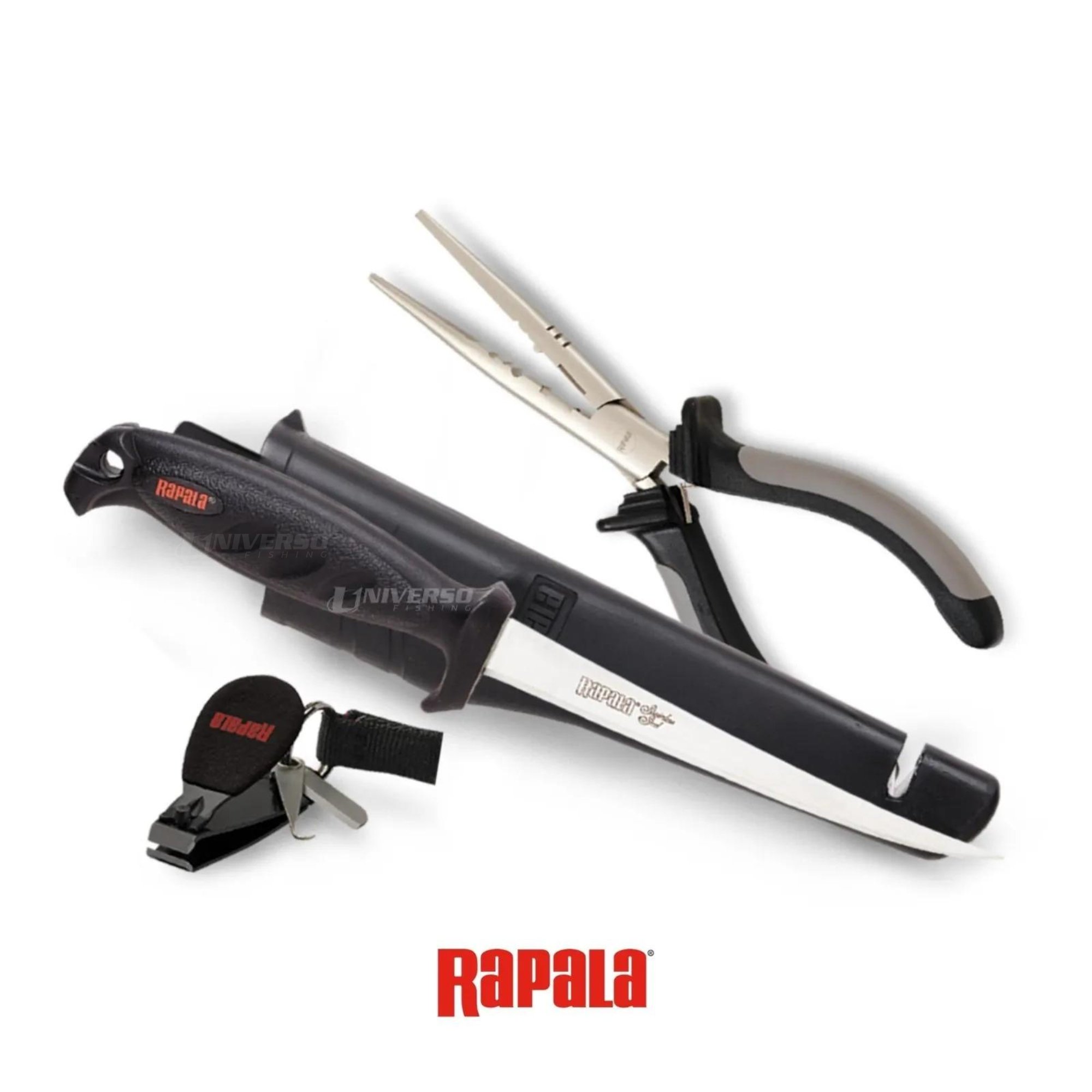 Alicate + Faca Fileteira Rapala Combo Pack c/ Afiador e Corta Linha