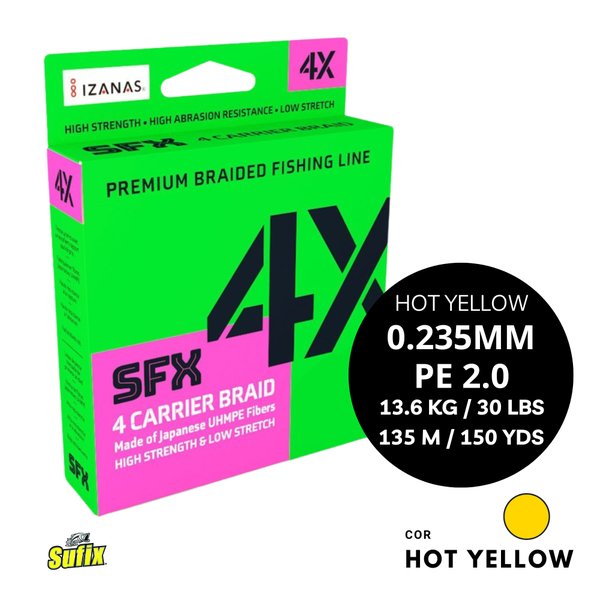 Linha Multifilamento SUFIX SFX 4 CARRIER BRAID - 135 Metros - Amarelo 0,23mm | 30lbs | PE 2.0