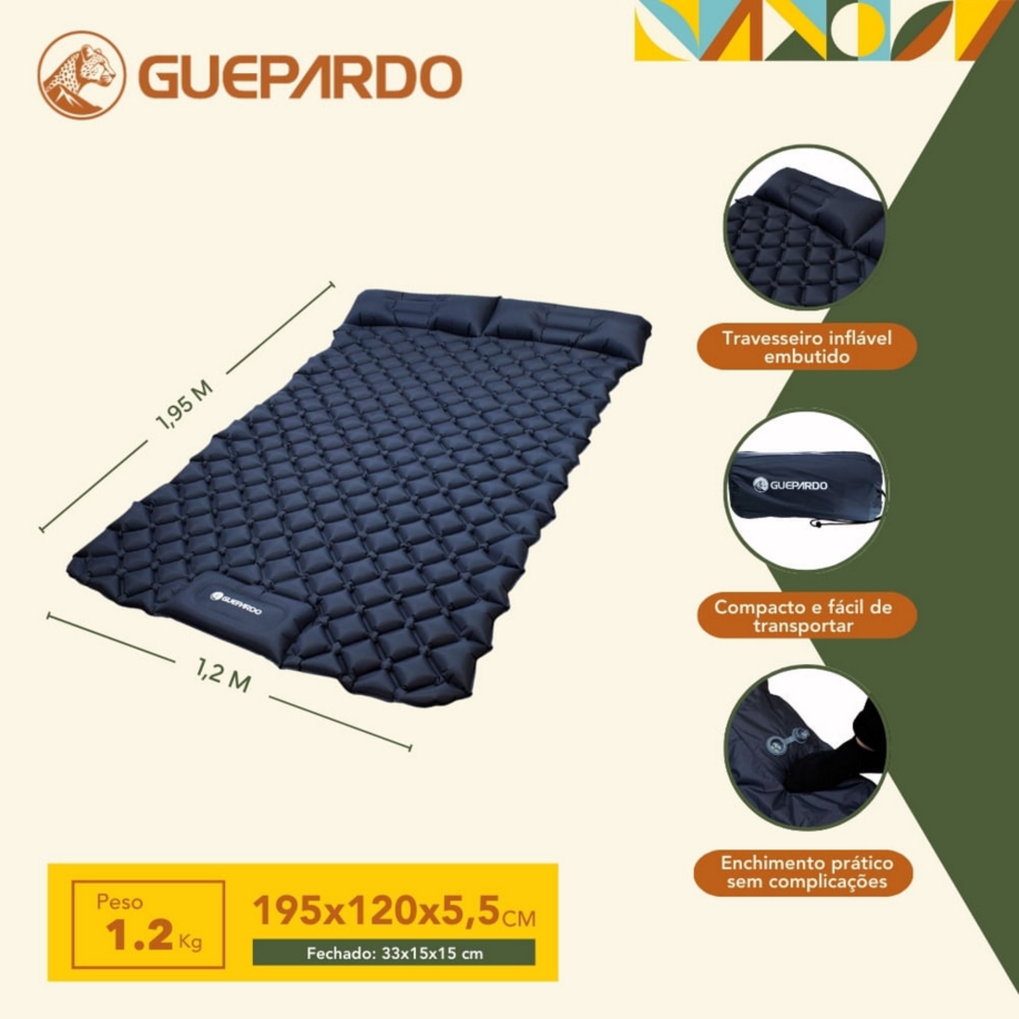 Colchonete Inflável Casal | 195x120x5,5cm | Nylon TPU DOTT GUEPARDO Cinza